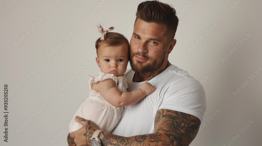 A muscular father proudly cradles his baby daughter in his arms, both ...