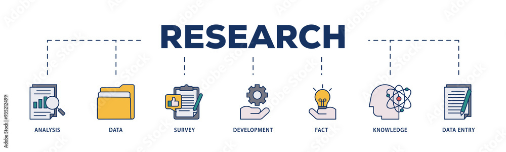 Research icons process structure web banner illustration of analysis ...