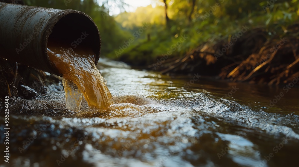 Rusty industrial pipe releasing polluted water into a natural river ...
