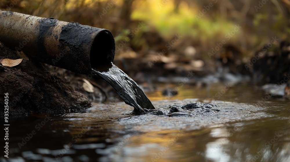 Dirty industrial pipe releasing dark contaminated water into a natural ...