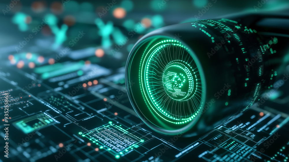 Close-up of a jet engine glowing green, surrounded by symbols of ...