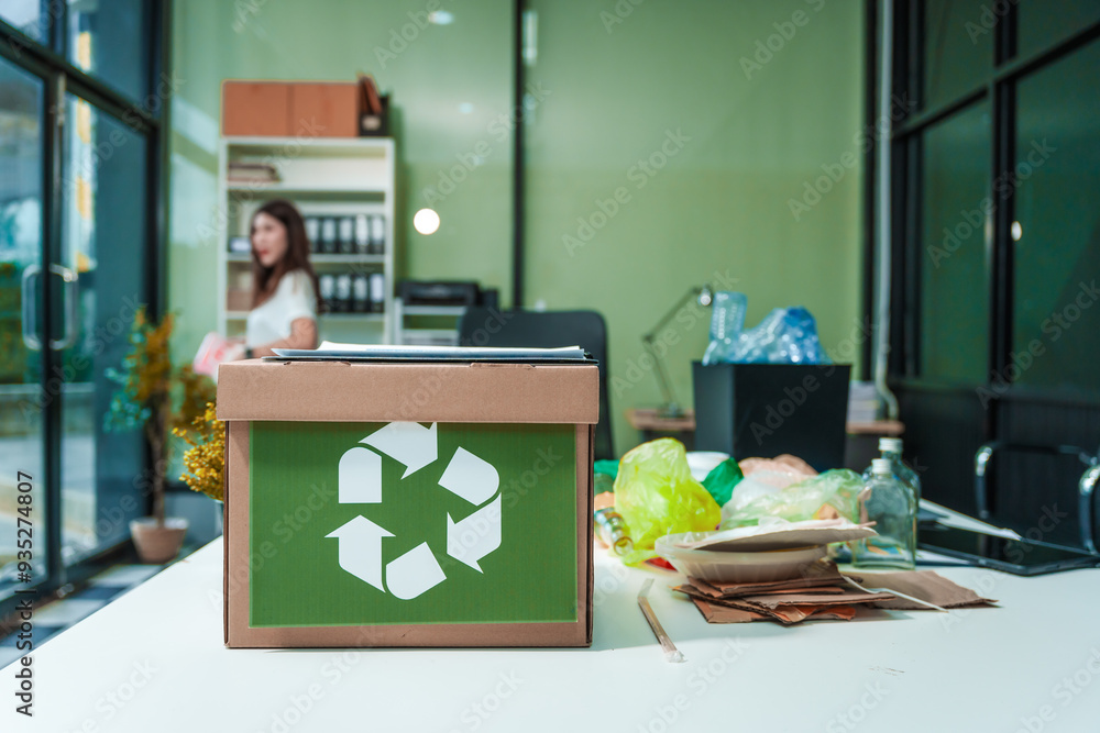 Empty desk setup for waste management, featuring bins for separating ...