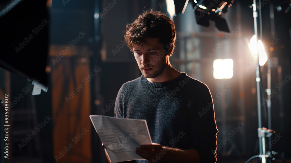 Professional actor reading his script during casting. Handsome actor or ...