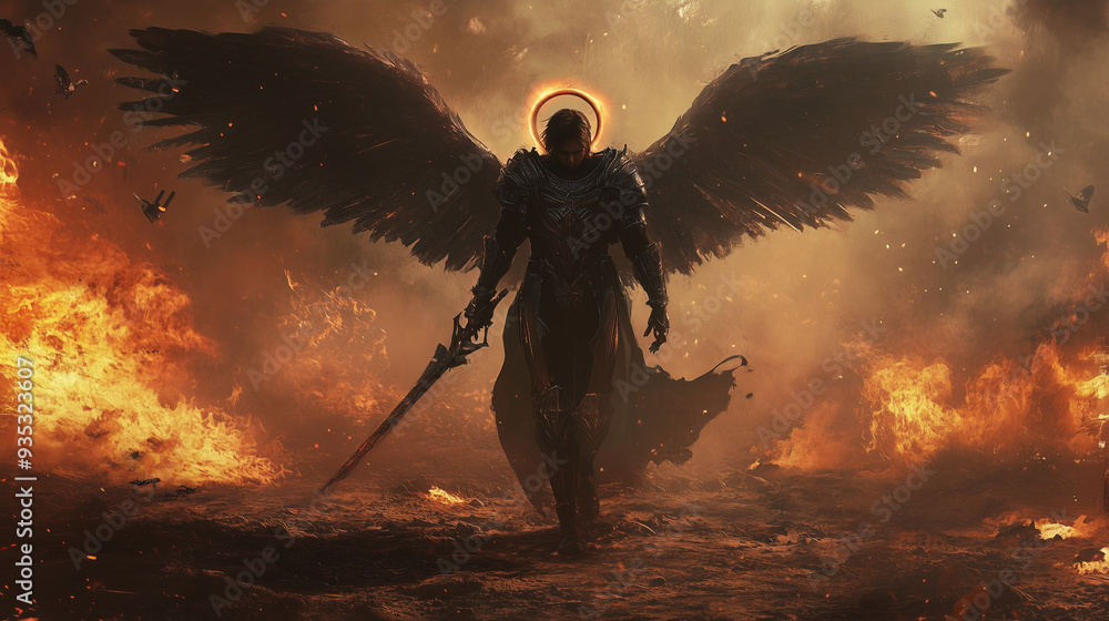 Fallen Angel: A being with tattered wings, a halo cracked and dimmed ...