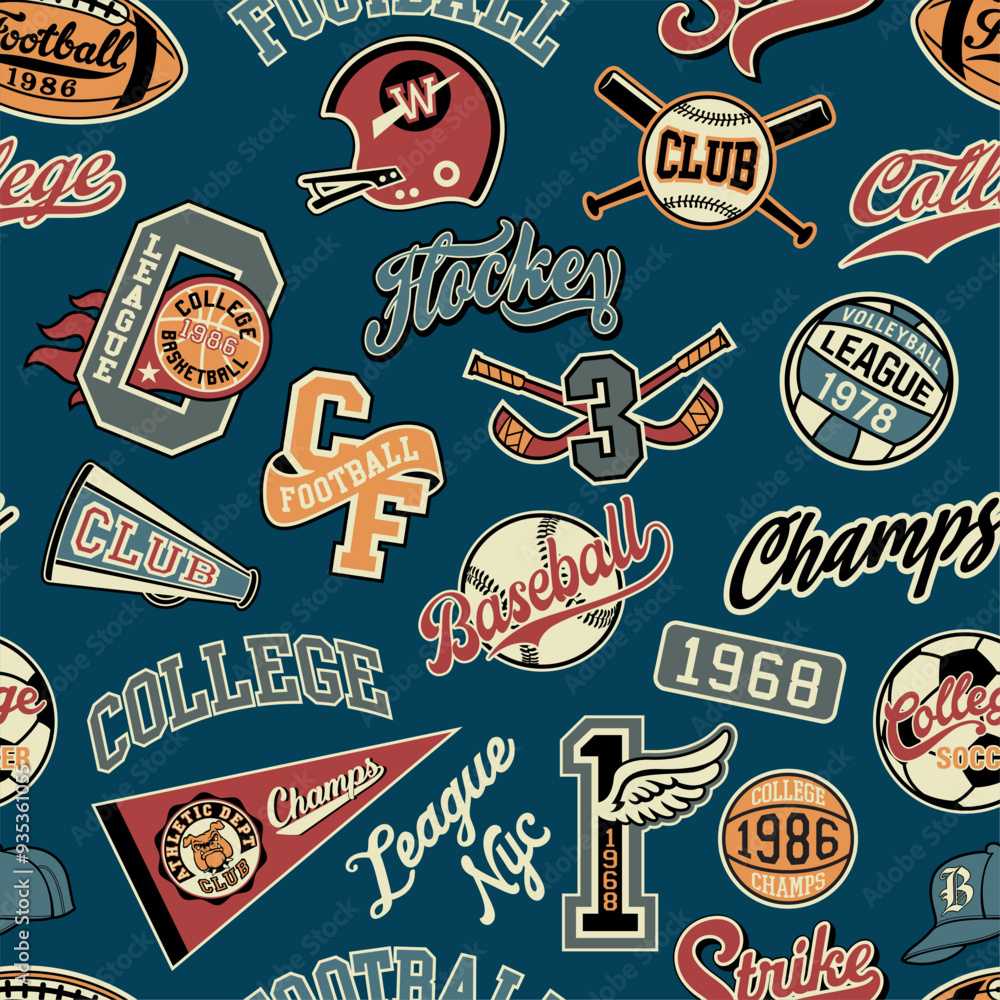 College athletic department sporting elements patchwork vintage vector ...