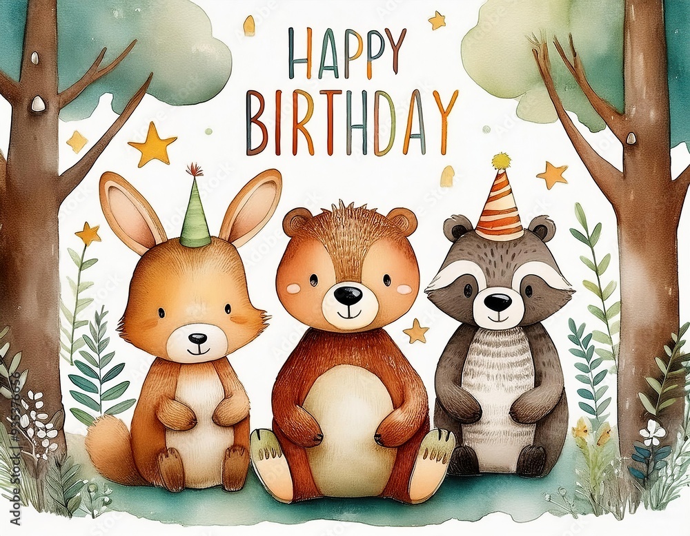 Birthday party banner, birthday card, animals, illustrations for kids, happy birthday, wild ...