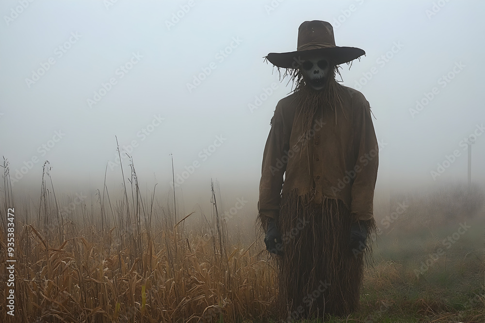 Eerie Scarecrow Amidst a Misty Field, an unsettling figure looms in a ...