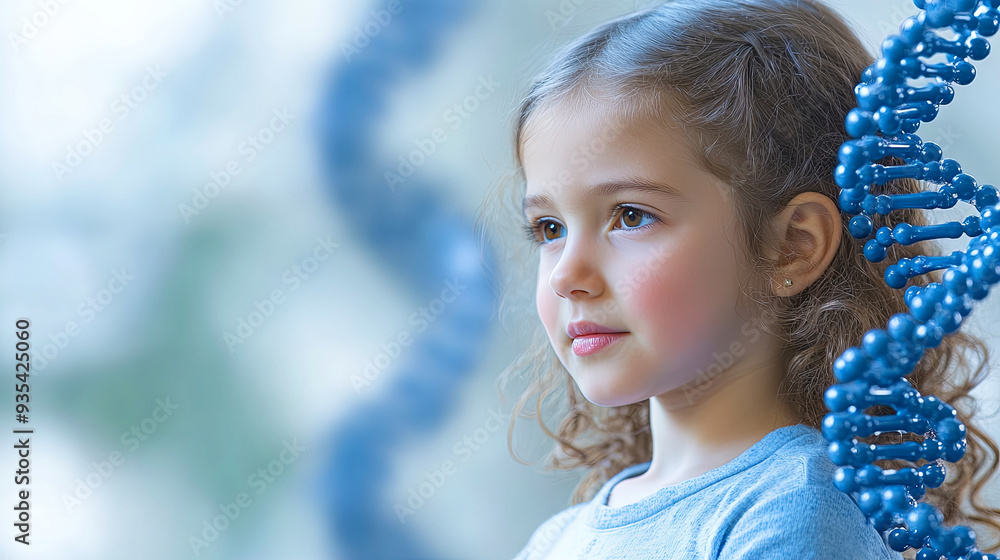 Young girl with curly hair gazes thoughtfully beside blue DNA model in ...