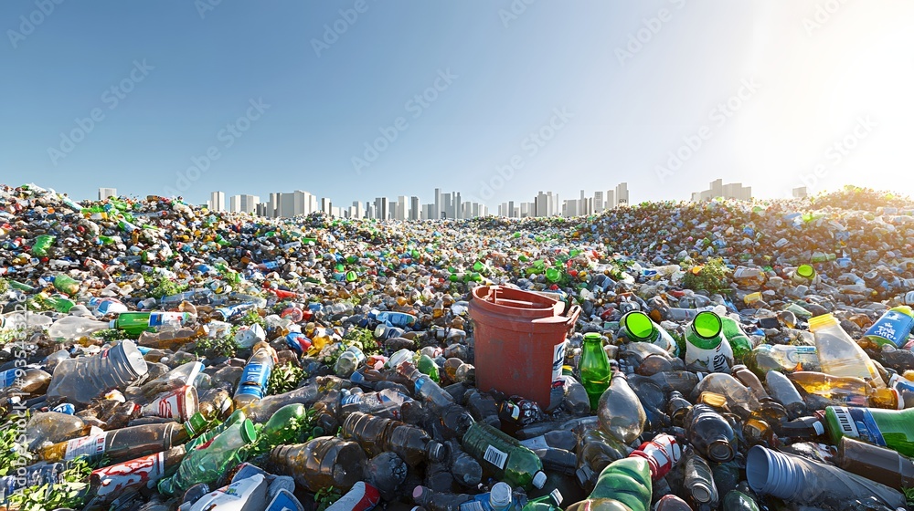 58. Detailed 3D render of an overfilled recycling center with improper ...