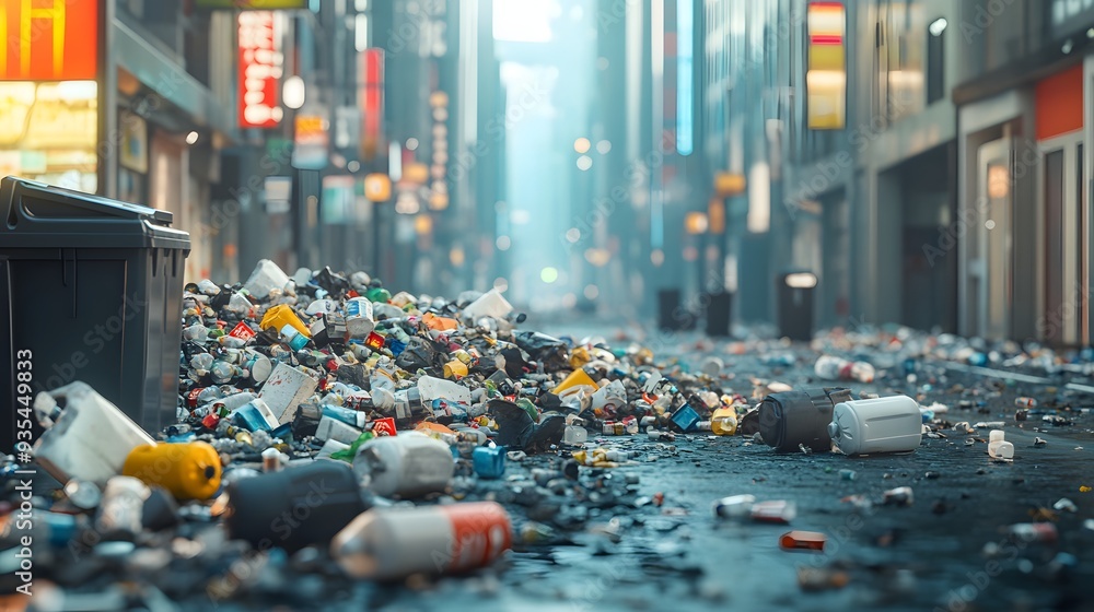 45. 3D depiction of a city street with overflowing trash bins and ...