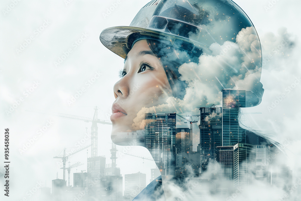 Double exposure movie poster featuring an Asian female construction ...