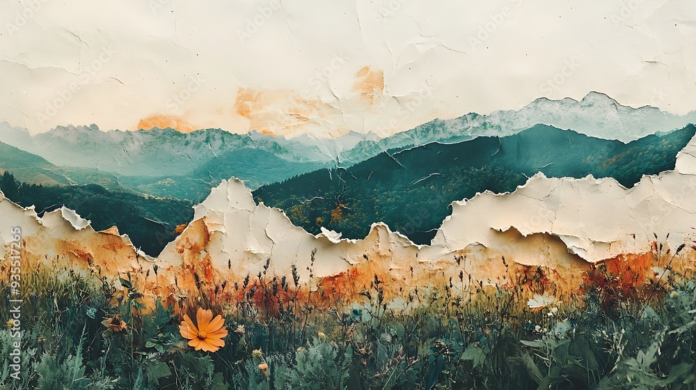 Abstract artistic collage with torn deckled paper edges in natural ...