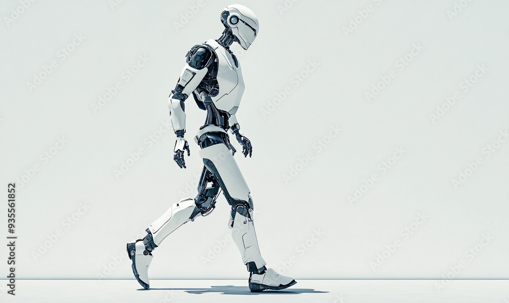 Full Body Humanoid Robot Walking Against A Plain Light Background Futuristic Ai And Robotics