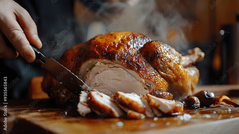 Perfectly roasted chicken being sliced with crispy skin and steam on ...