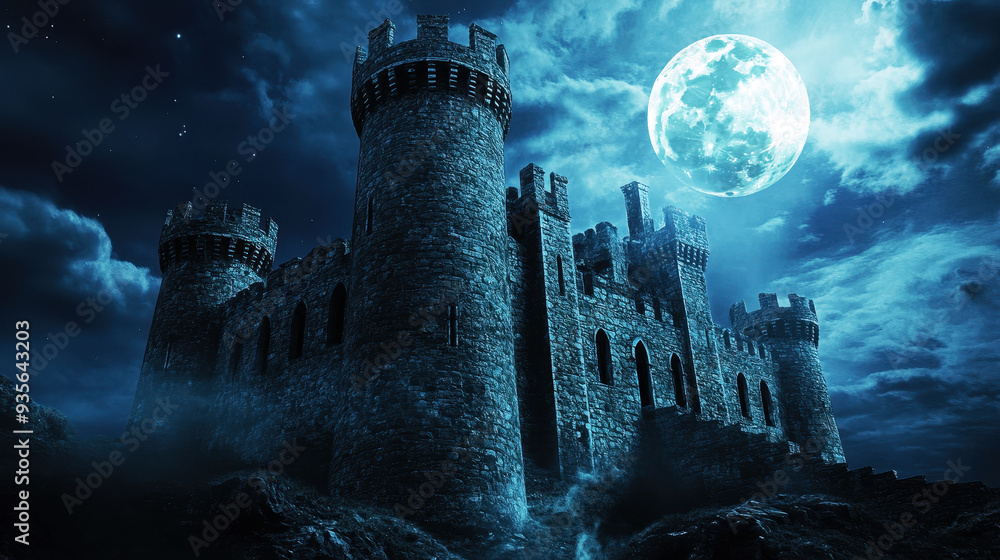 Dark fantasy castle with moonlight, gothic architecture, old ruins of a ...