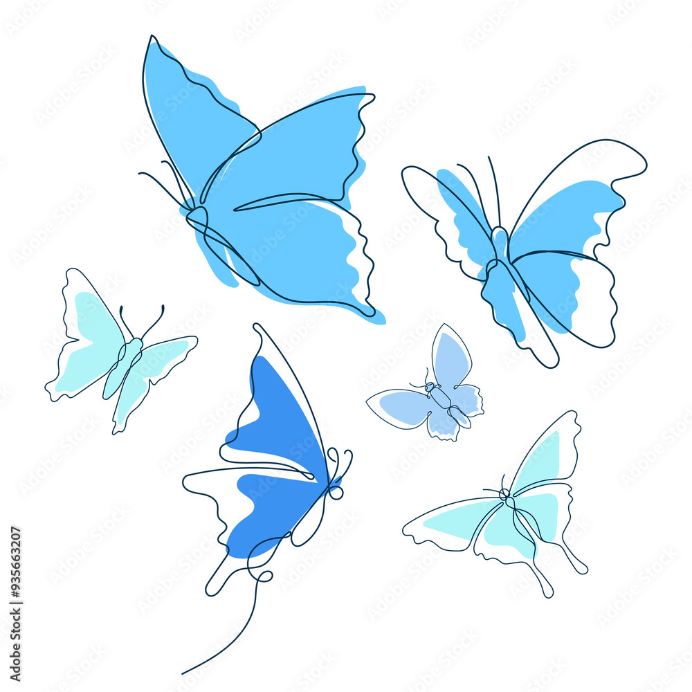 Flying butterfly png sticker, baby blue line art clipart set Stock ...