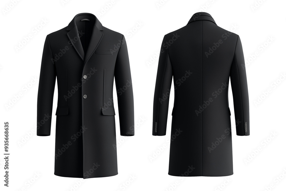 Classic black coat front and back mock up with tailored fit and button ...