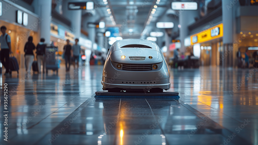An autonomous cleaning robot operates in a bustling, modern airport ...