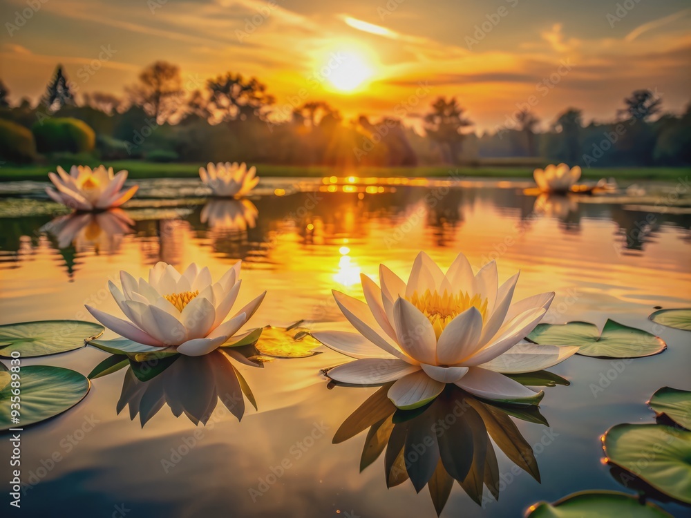 Serene sunset scene of softly lit lotus flowers floating on smooth ...