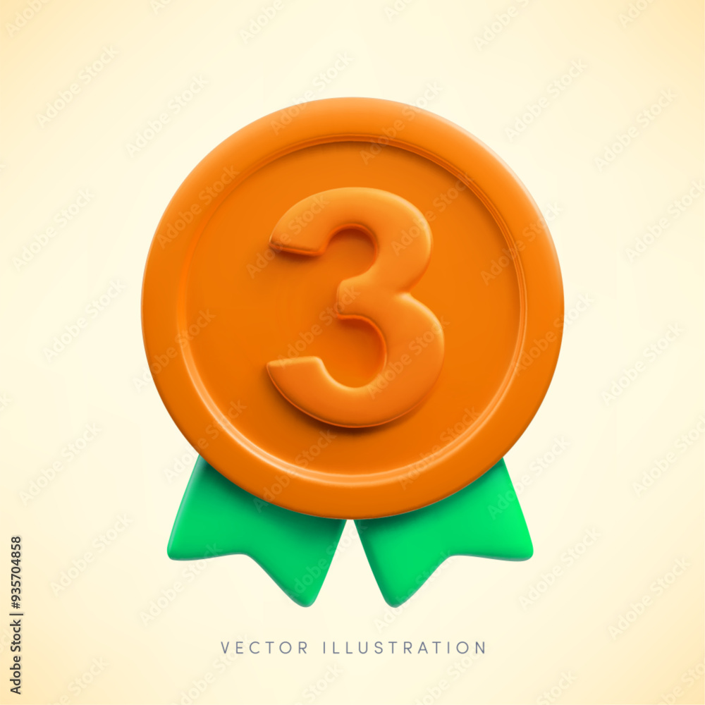 Vector cartoon 3d round medal realistic icon with number tree and green ...