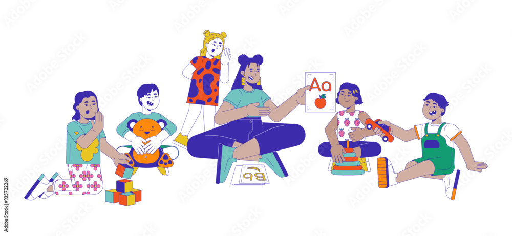 Woman teacher showing letter recognition cards to preschoolers 2D ...