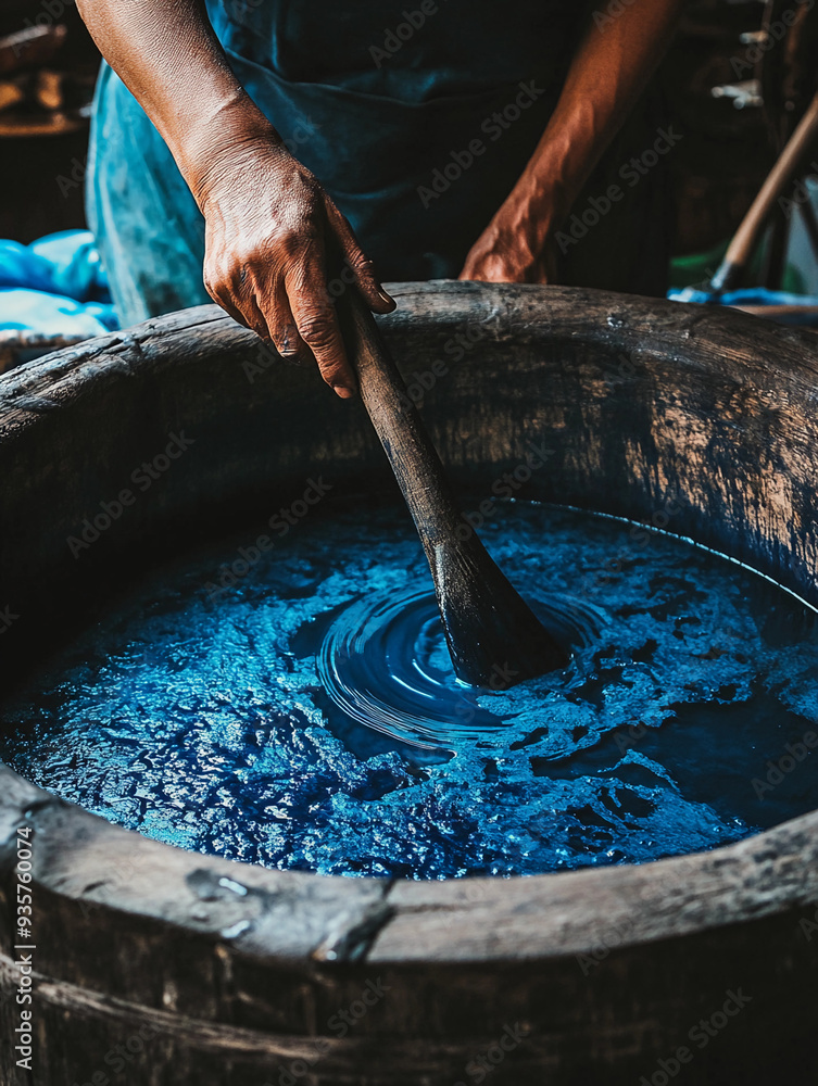 dyeing process with natural indigo, hands stirring fabric in a large ...
