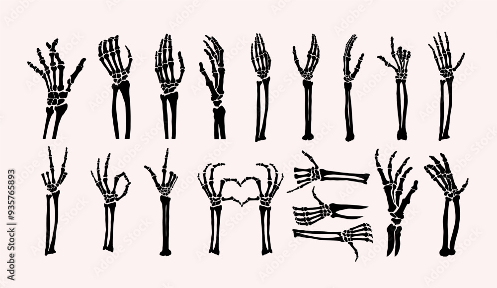 Set for Halloween, skeleton hand gesture icons. Human skeleton hand ...