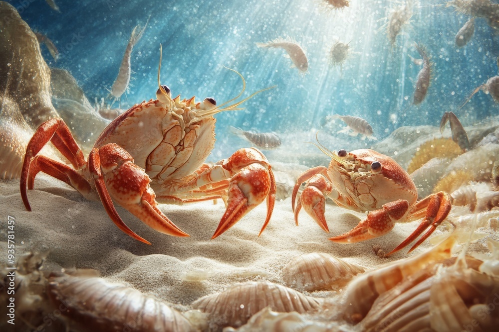 This image showcases two crabs amidst scattered seashells under a ...