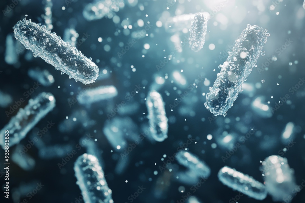 Close-up digital illustration of multiple bacteria floating in a liquid ...