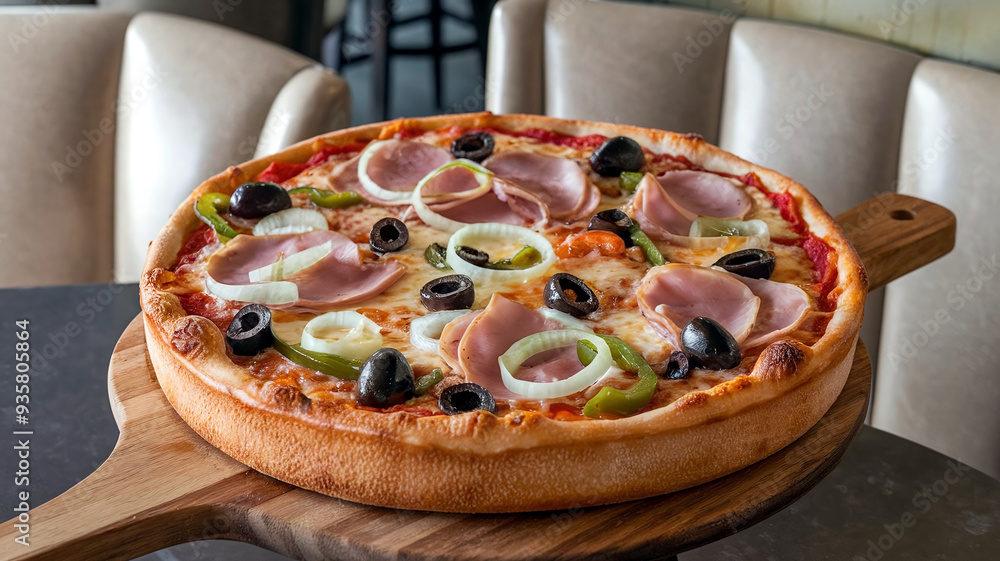 Chicago-style deep-dish Supreme pizza with olives, peppers, ham, onions ...