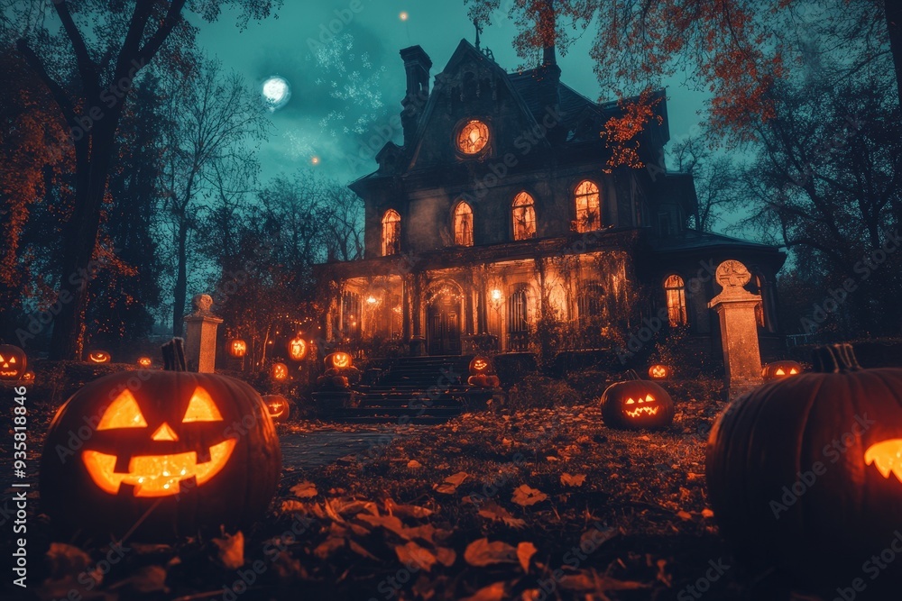 Spooky Halloween Zoom Background Featuring Haunted Mansion with Glowing ...