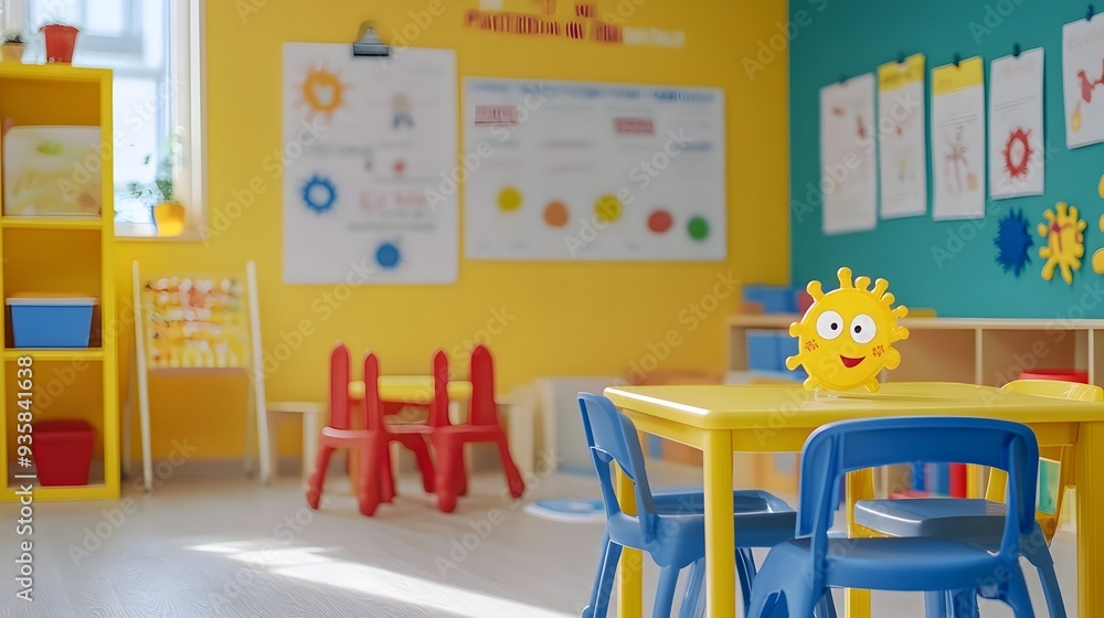 Daycare Center Interior with Signs and Posters About Preventing Hand ...