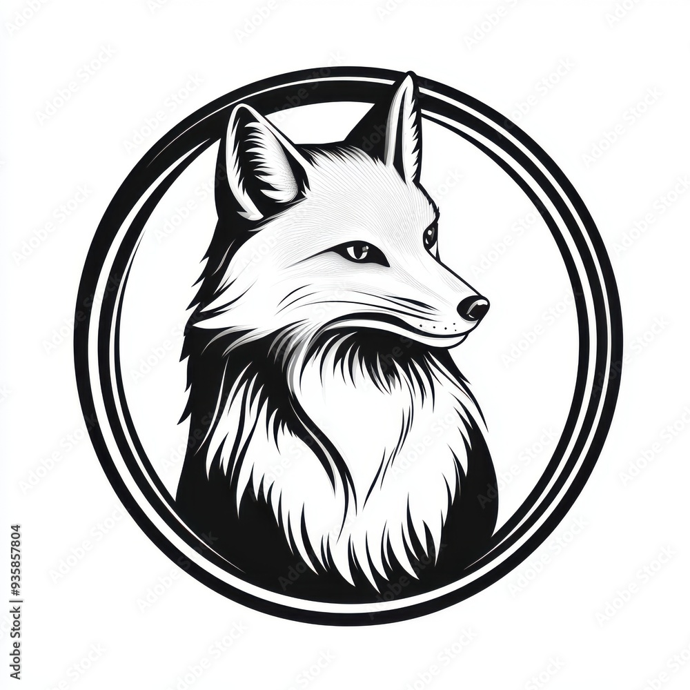 Black and white flat vector art illustration of a fox in a circular ...
