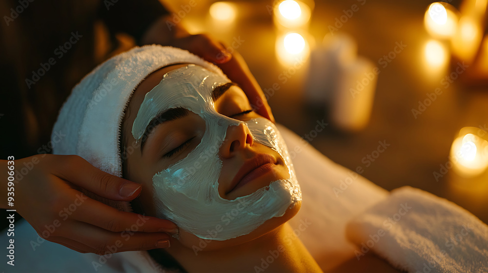 serene spa scene with a client receiving a facial treatment, a calming ...
