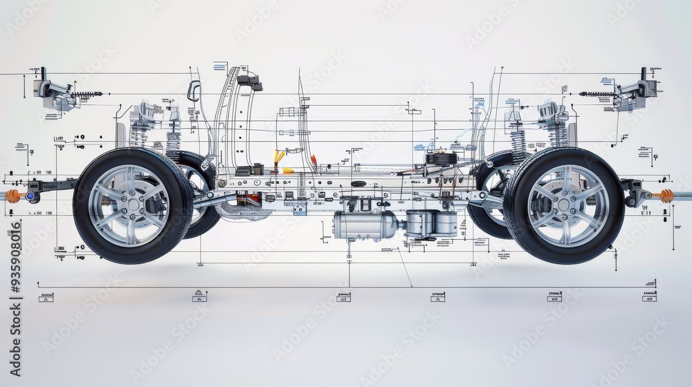 Diagram of a car's chassis with annotations, highlighting the detailed ...