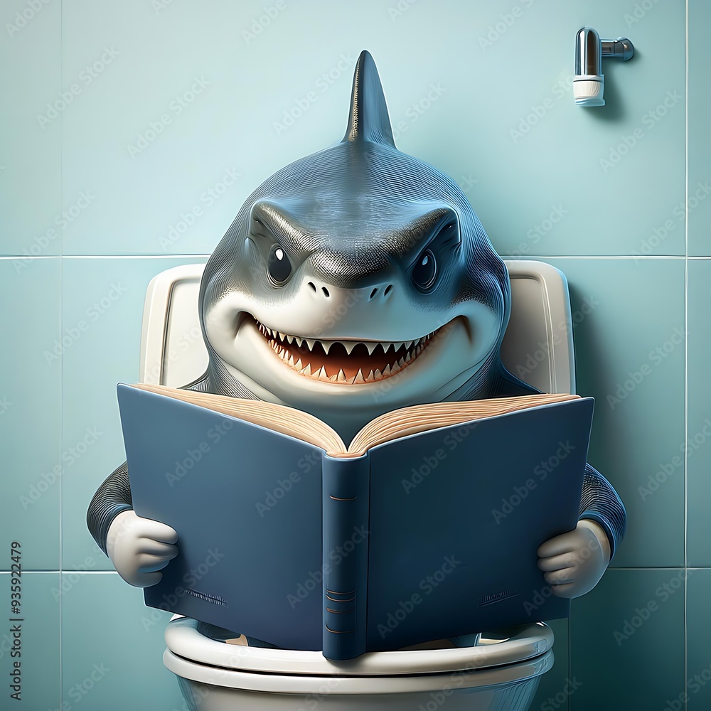 Shark Reading Newspaper On Toilet In Ocean Scene Illustration Stock ...