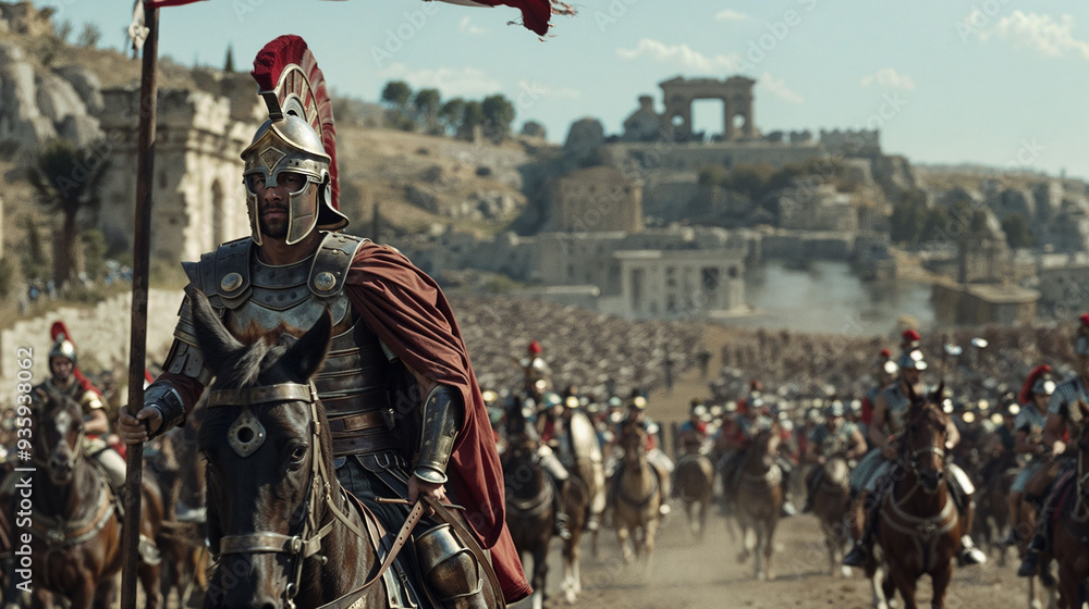 Roman centurion on horseback leading cavalry charge. Armored soldiers ...