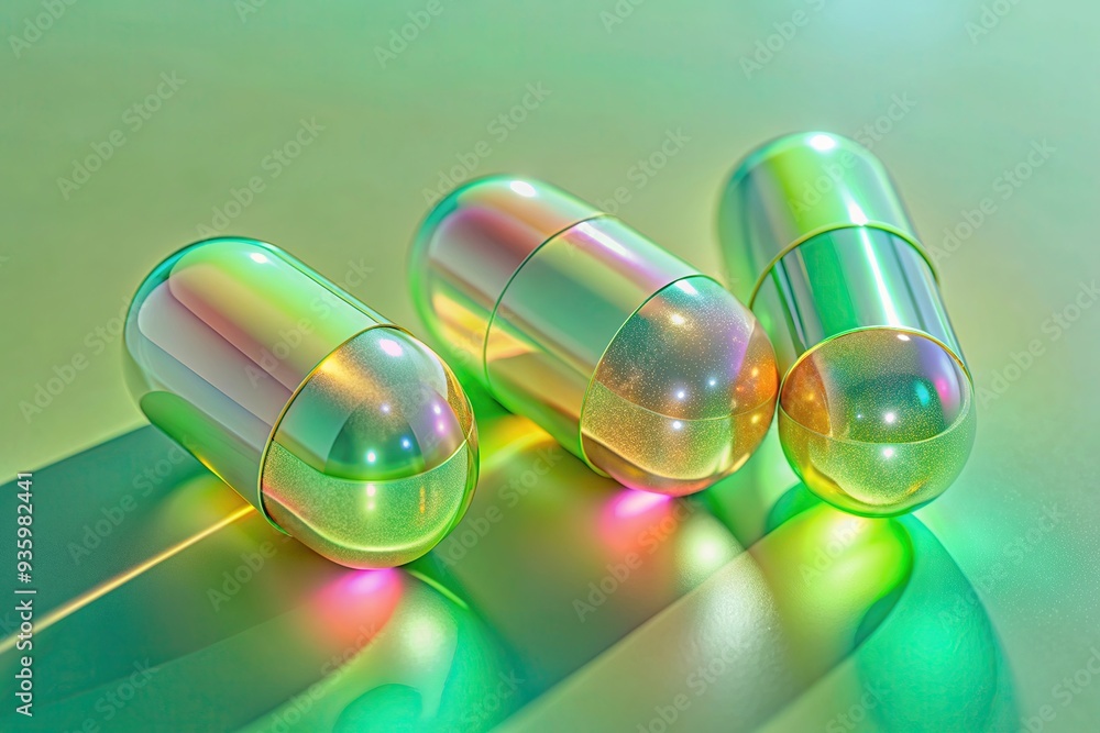 3D holographic glowing capsule and tablet with crystal dispersion ...