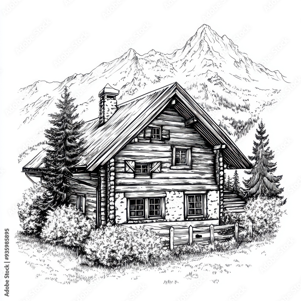Black and white Vintage engraved art of a Swiss chalet, isolated on ...