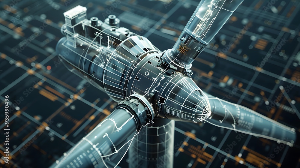 A detailed schematic of a wind turbine, with exploded views showing the ...