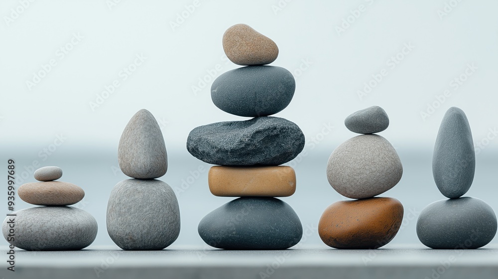 Several stacks of balanced stones of various shapes, sizes, and colors ...