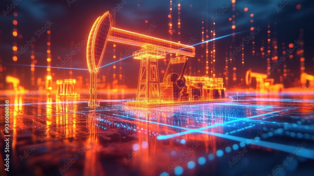 Holographic oil pump extracting machine with blue lines in oil field ...