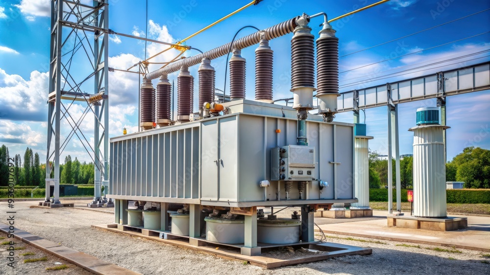 Large industrial power transformer at an electrical substation with ...