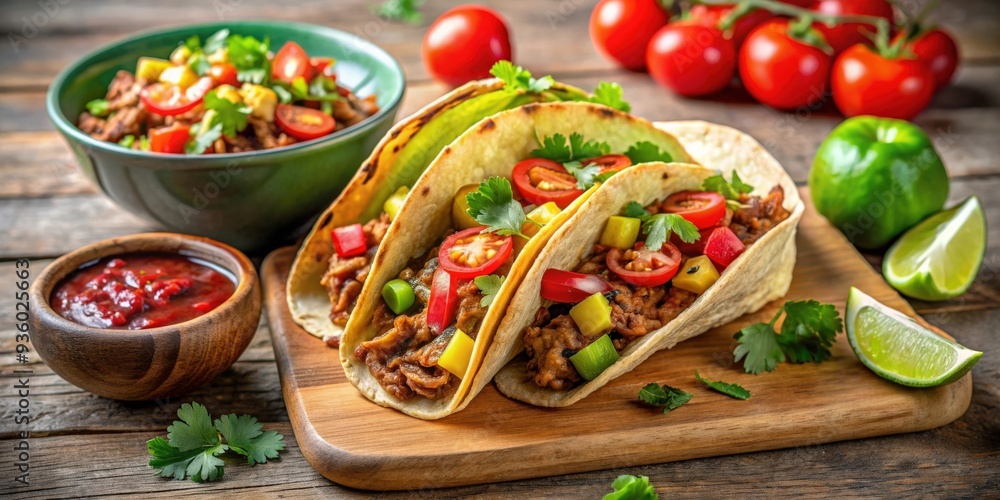 Mexican traditional homemade tacos with pulled pork, beef chili con ...