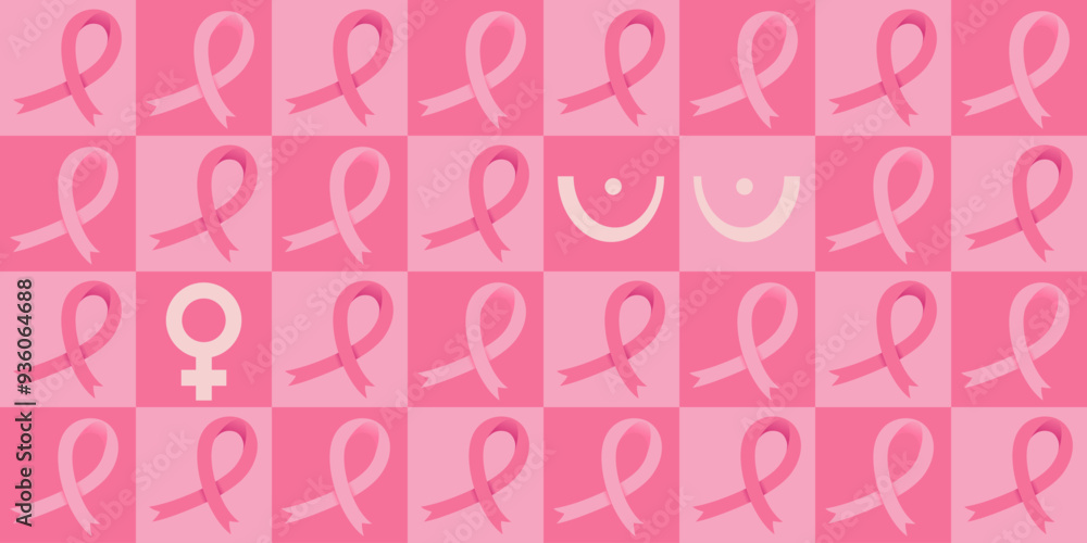 Pink ribbon checkered seamless pattern vector illustration. Breast ...