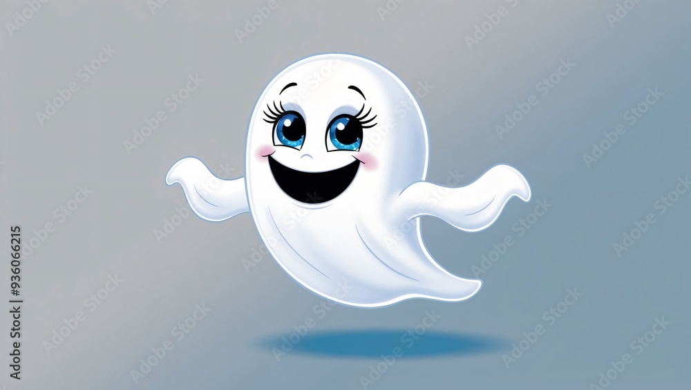 Cartoon-style ghost with white translucent body, large black eyes with ...