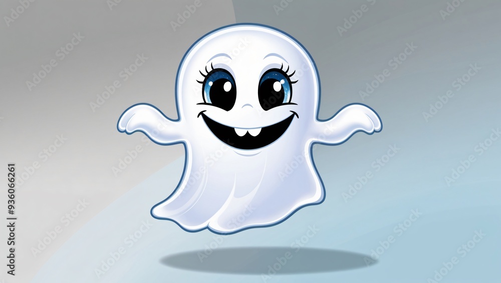 Cartoon-style ghost with white translucent body, large black eyes with ...