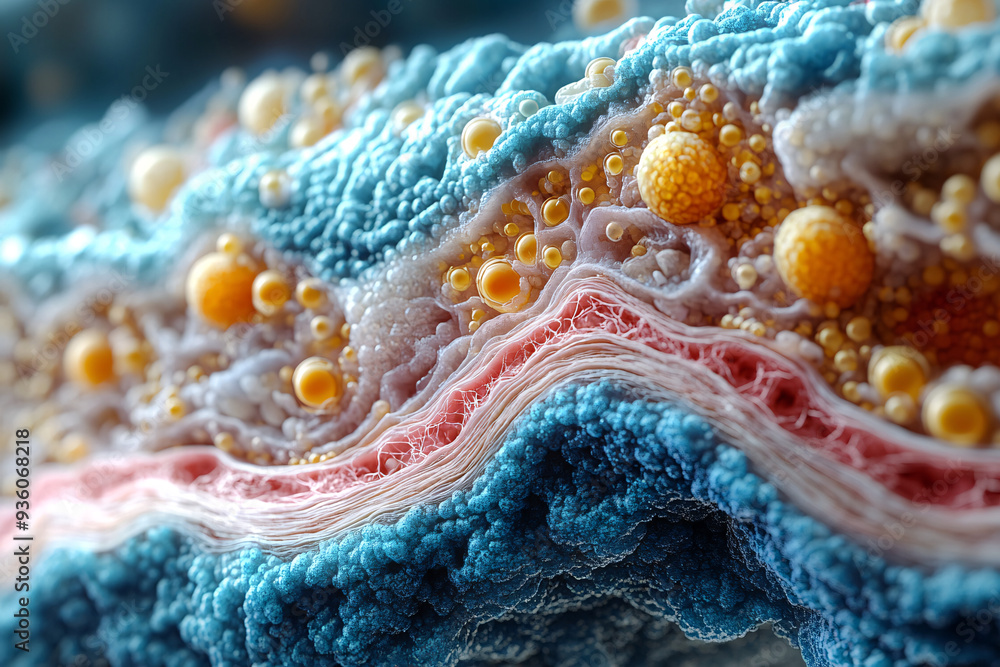 Cross-section of human skin revealing layers of collagen and vitamin ...