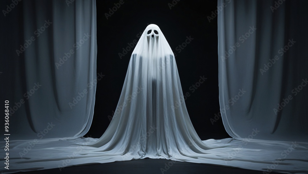 Artistic photograph of ghostly figure in flowing white sheet with black eye holes, dark room ...