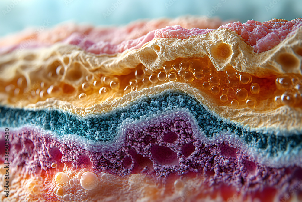 Cross-section of human skin revealing layers of collagen and vitamin ...